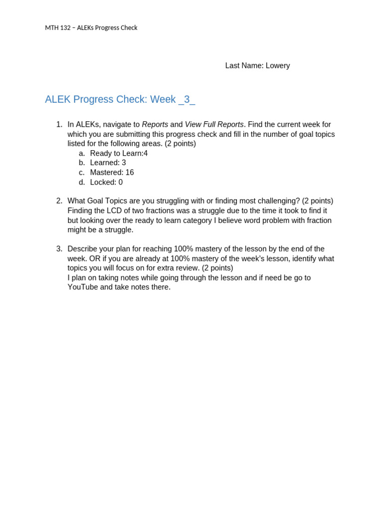 ALEKs Progress Check Week 3 Report | PDF