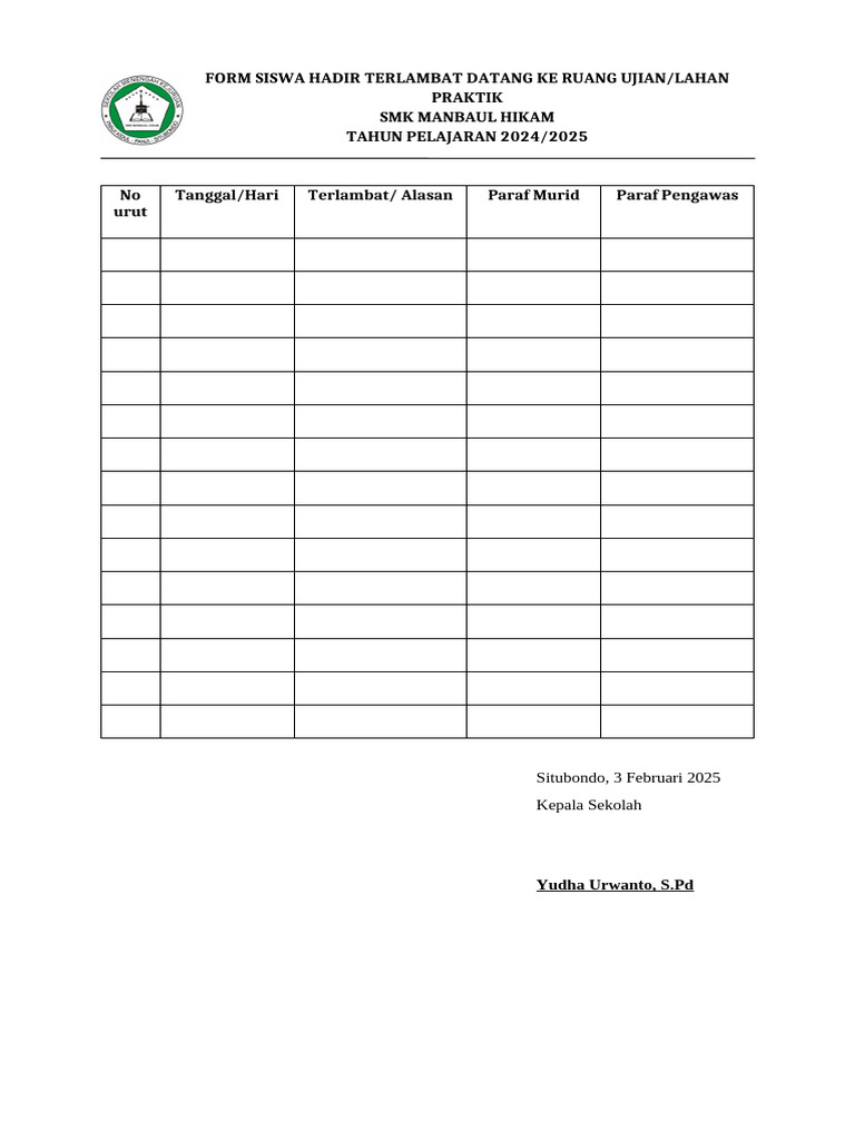 FORM SISWA HADIR TERLAMBAT DATANG KE RUANG UJIAN | PDF