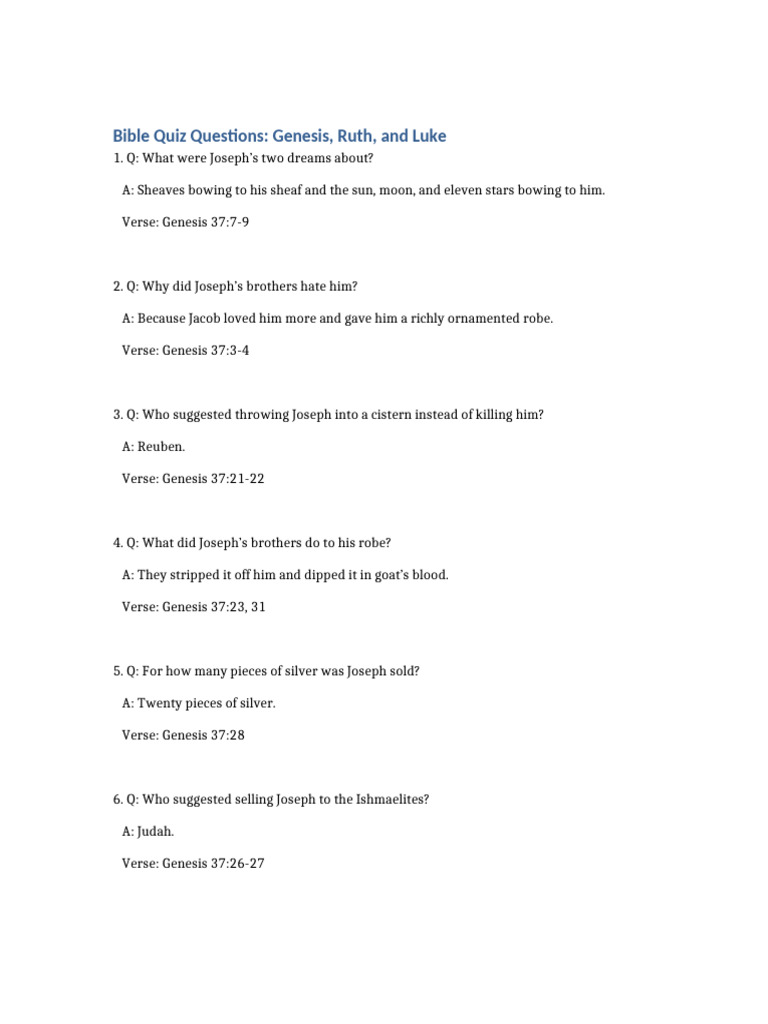 Bible Quiz: Genesis, Ruth, Luke | PDF | Book Of Ruth | Ruth (Biblical ...