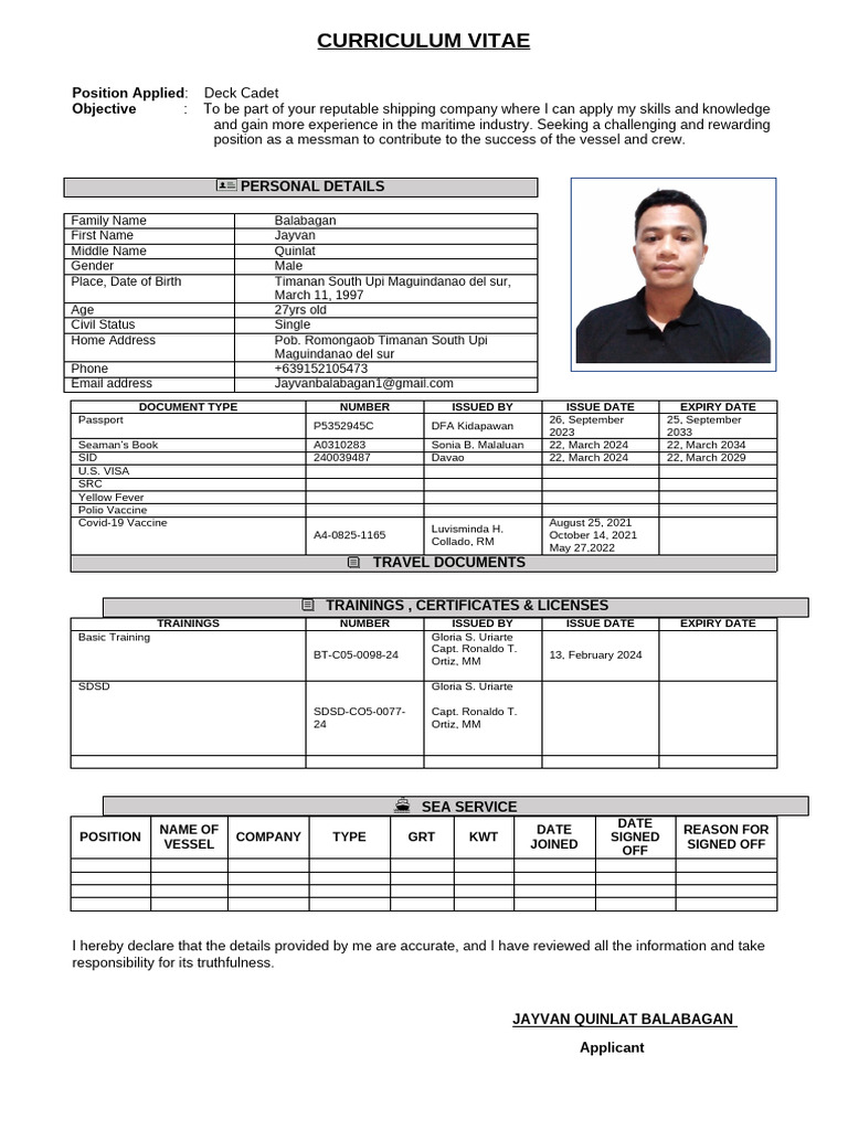 Seafarer Resume CV Balabagan | PDF | Water Transport | Shipping