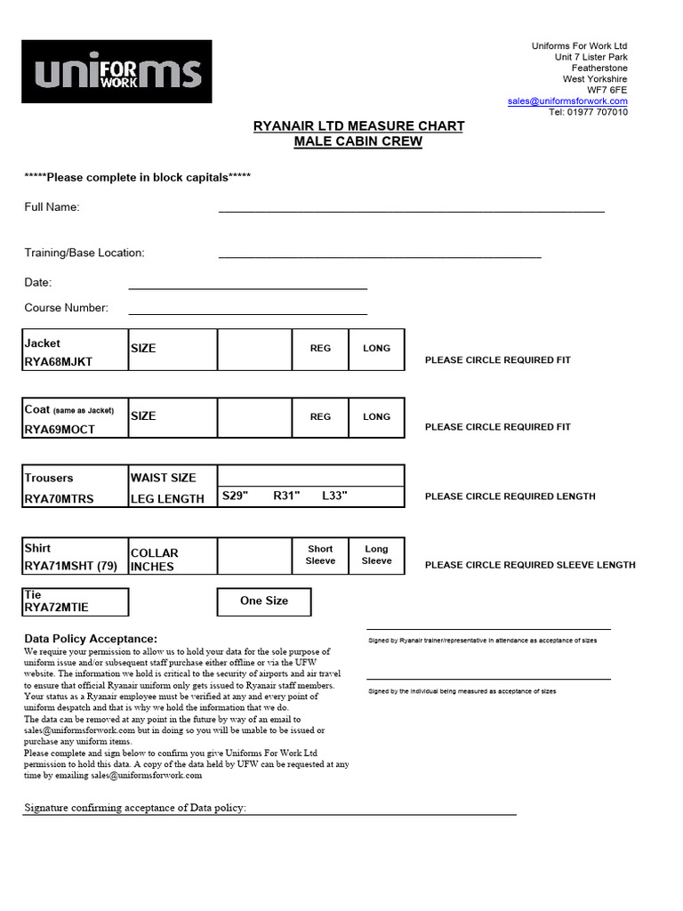 Ryanair Male Cabin Crew Uniform Form | PDF | Dress Codes | Uniforms