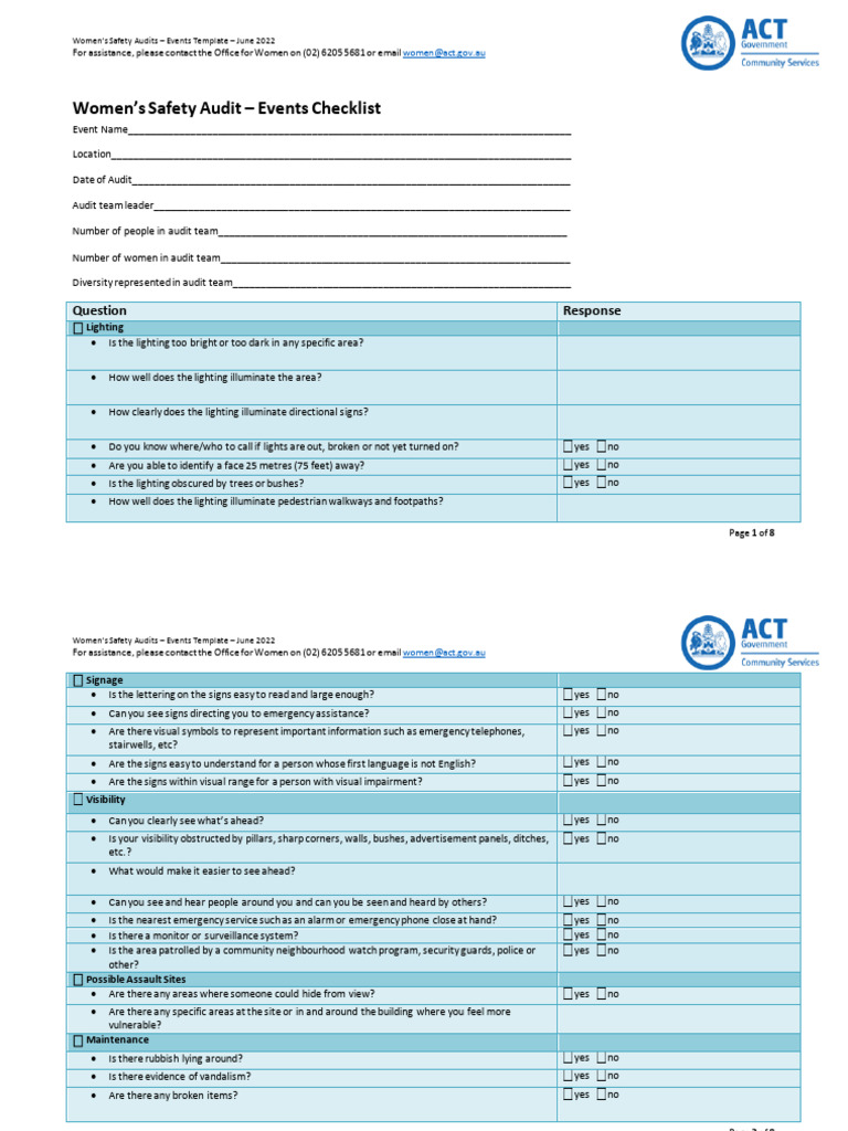 Women's Safety Audit Events Checklist | PDF