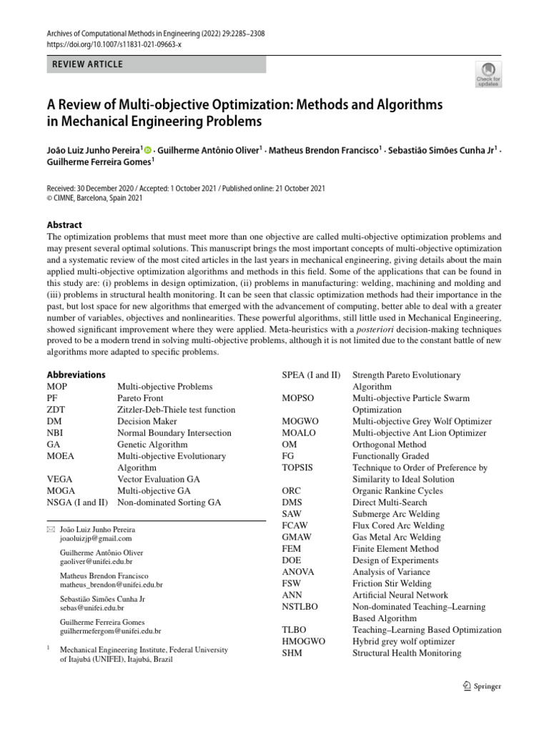 A Review of Multi Objective Optimization: Methods and Algorithms in Mechanical Engineering ...
