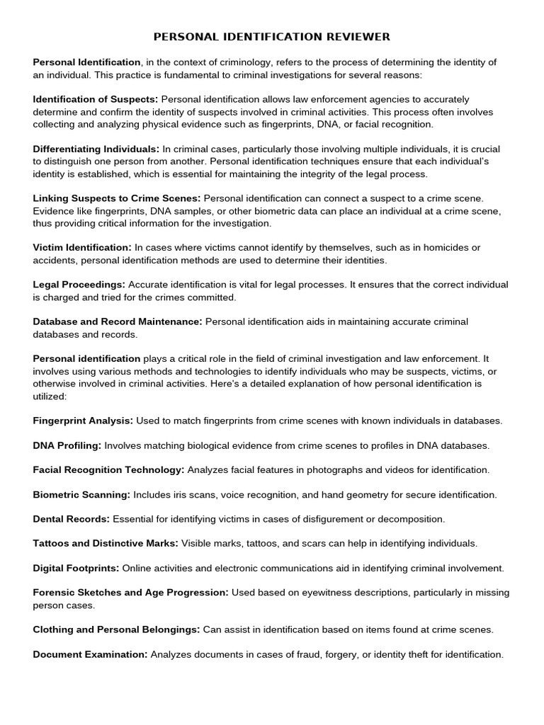 PERSONAL-IDENTIFICATION-REVIEWER_015708 | PDF | Crime Scene | Fingerprint