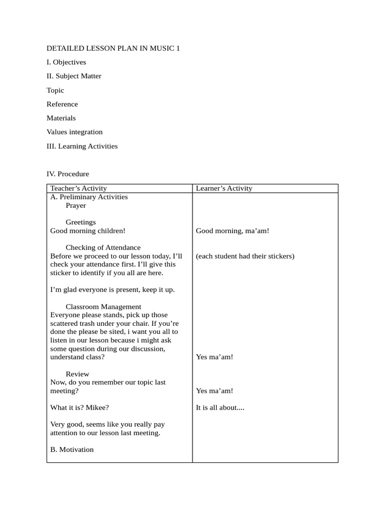 Detailed Lesson Plan in Music 1 | PDF