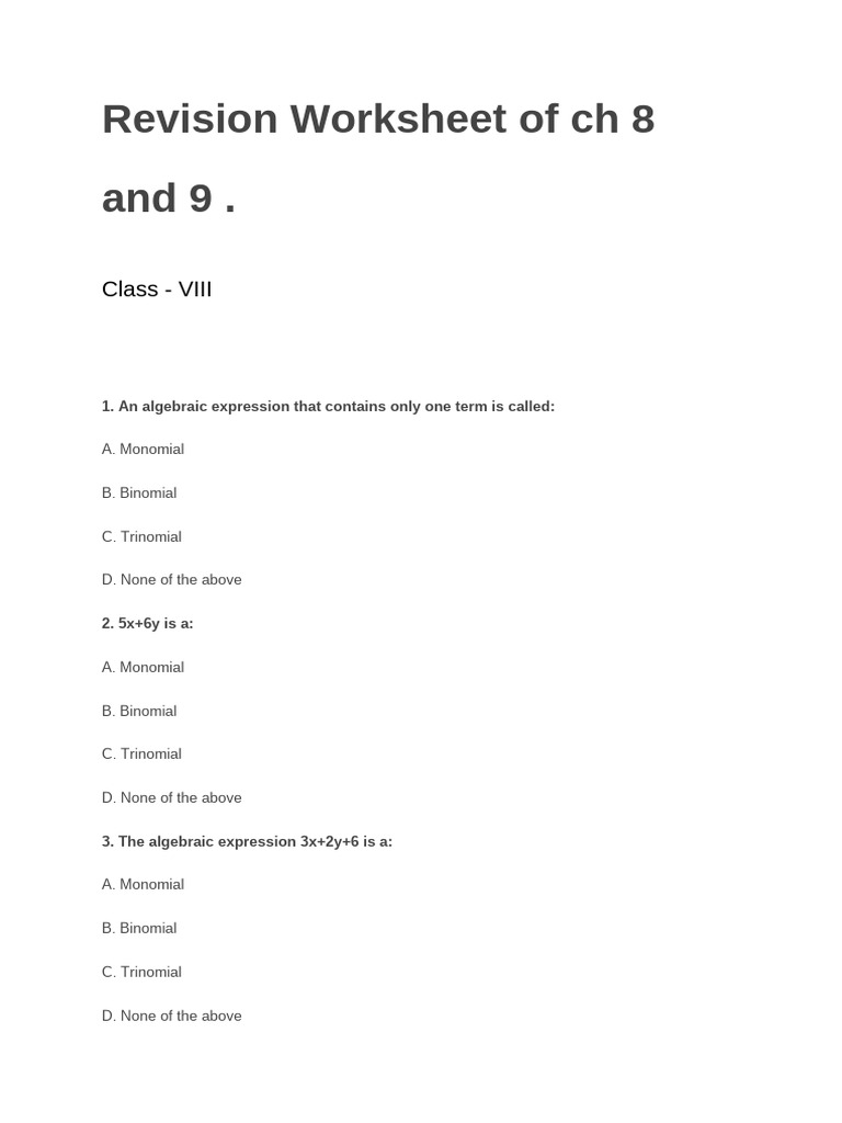 Worksheet of Ch 8 and 9 Class 8 (1) | PDF | Mathematics | Algebra