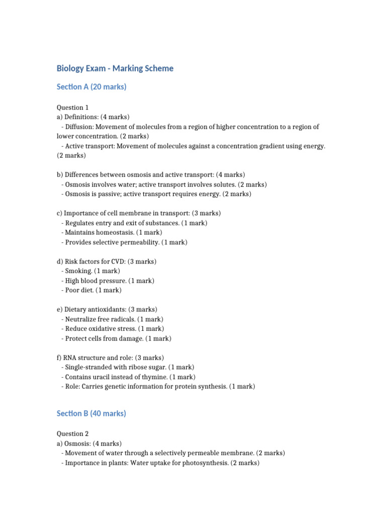 Biology Exam Marking Scheme | PDF | Dna | Osmosis
