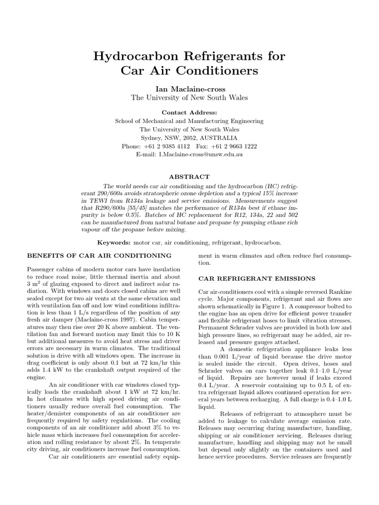 Hydrocarbon Refrigerants For Car Air-Condtioners | PDF | Air Conditioning | Ozone