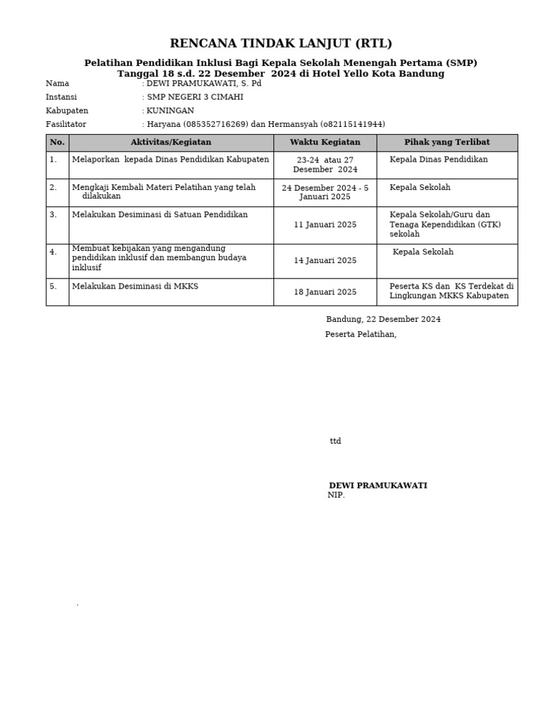 Rencana Tindak Lanjut Pelatihan Inklusi SMP | PDF