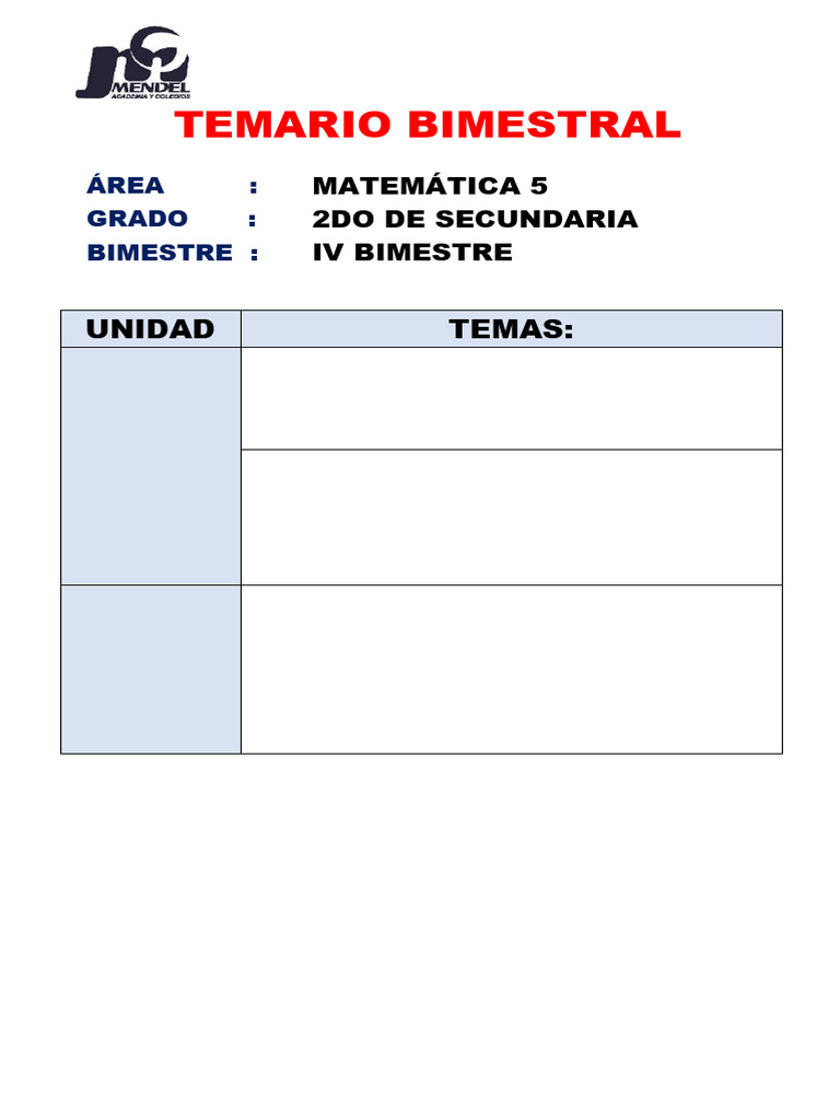 2º Sec - Temario - Ex Ivb - Matemática 5 | PDF