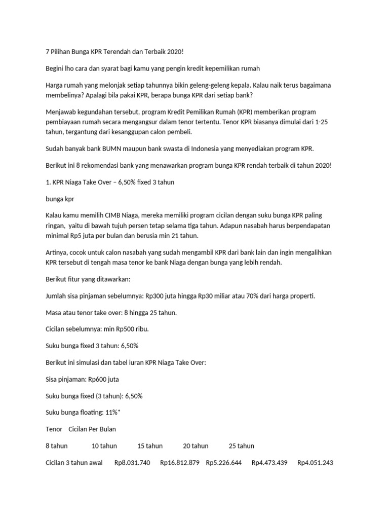Bunga KPR Terendah 2020 di Indonesia | PDF