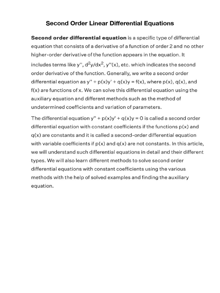 Second Order Linear Differential Equations | PDF | Algebra | Mathematics