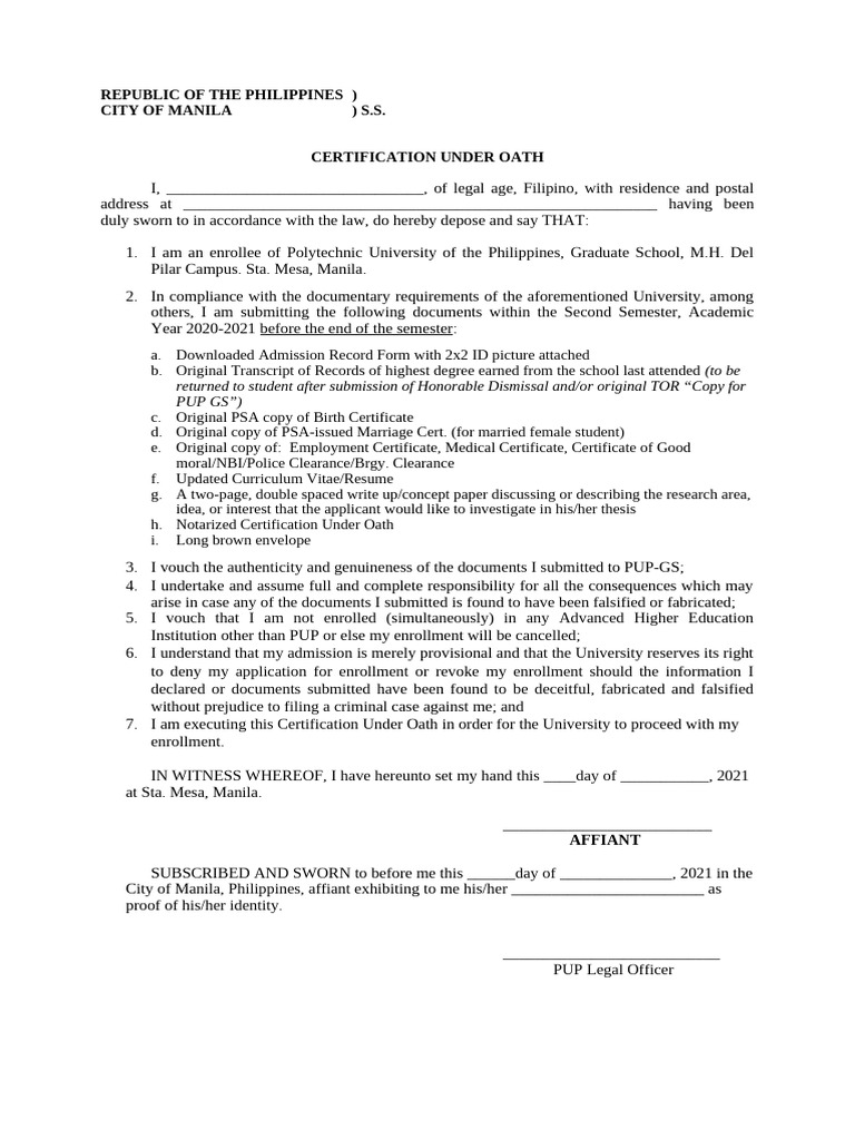 CERTIFICATION UNDER OATH For New Students 2 | PDF | Justice | Crime & Violence