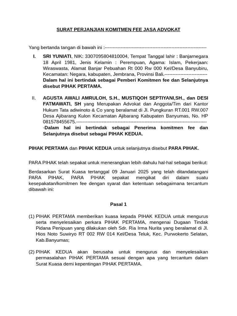 Perjanjian Komitmen Fee | PDF