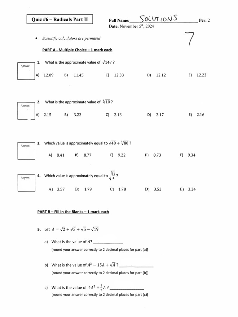 SOLUTIONS - MCR3U Quiz 6 - Calculator Portion (1) - Output | PDF