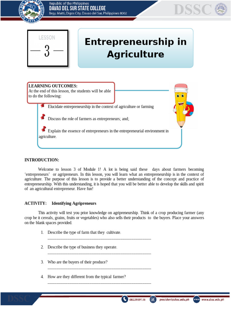 Lesson 3 - Entrep | PDF | Entrepreneurship | Agriculture