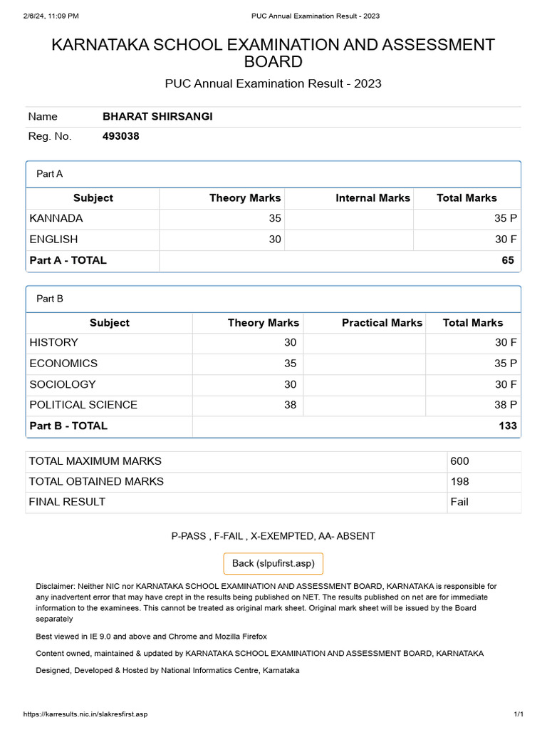 PUC Annual Examination Result 1 - 2023 | PDF