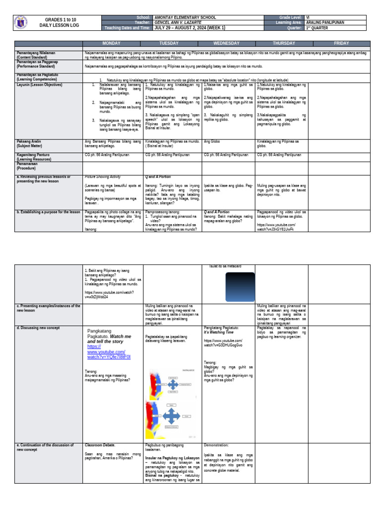 DLL - Araling Panlipunan 6 - Q1 - W1 | PDF