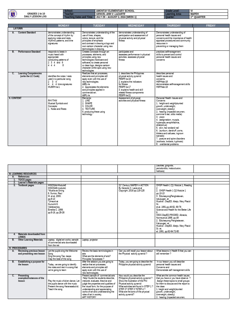 DLL_MAPEH 6_Q1_W1 | PDF