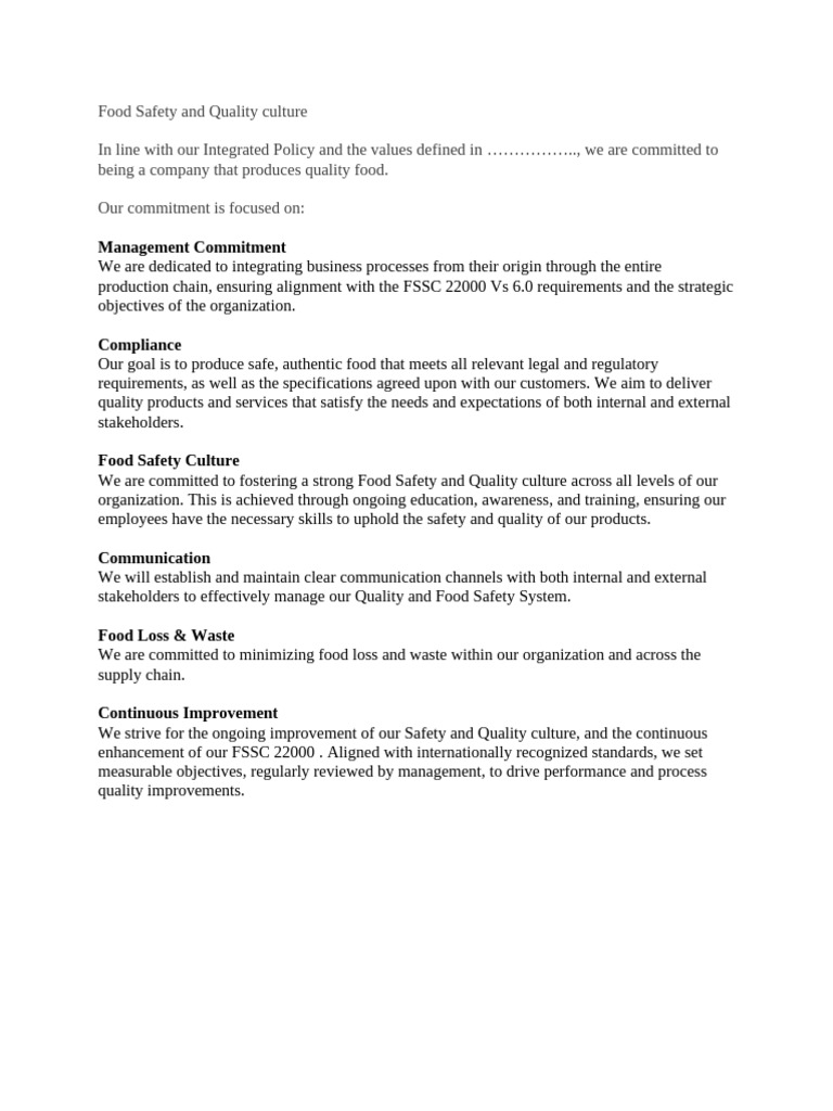 Food Safety and Quality Culture Commitment | PDF