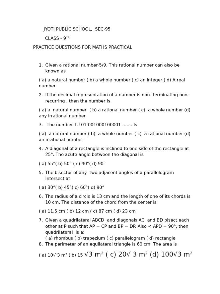Class 9th Practice Questions | PDF | Rectangle | Geometry