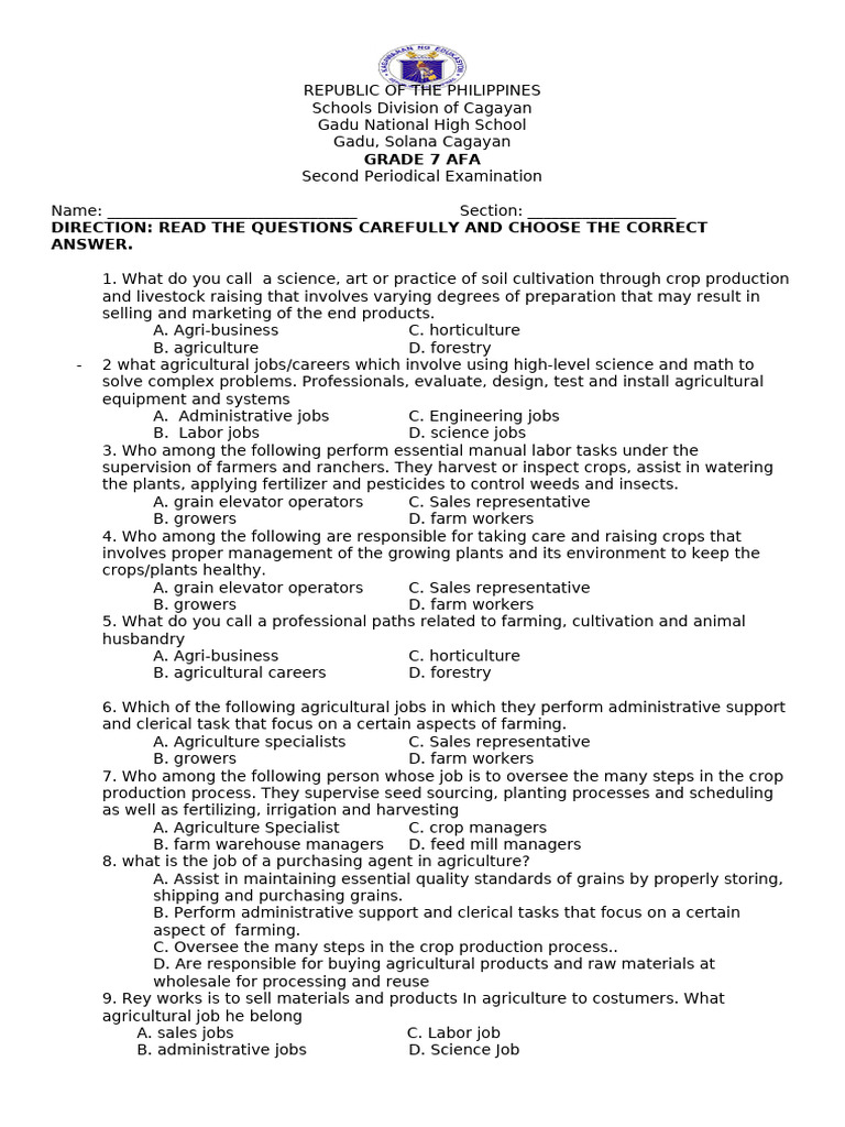 Grade 7 Agriculture Exam Questions | PDF | Agriculture | Hazards