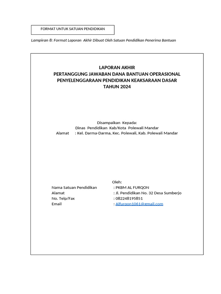 Format Lembaga Laporan Akhir Bop Keaksaraan Dasar 2024 | PDF