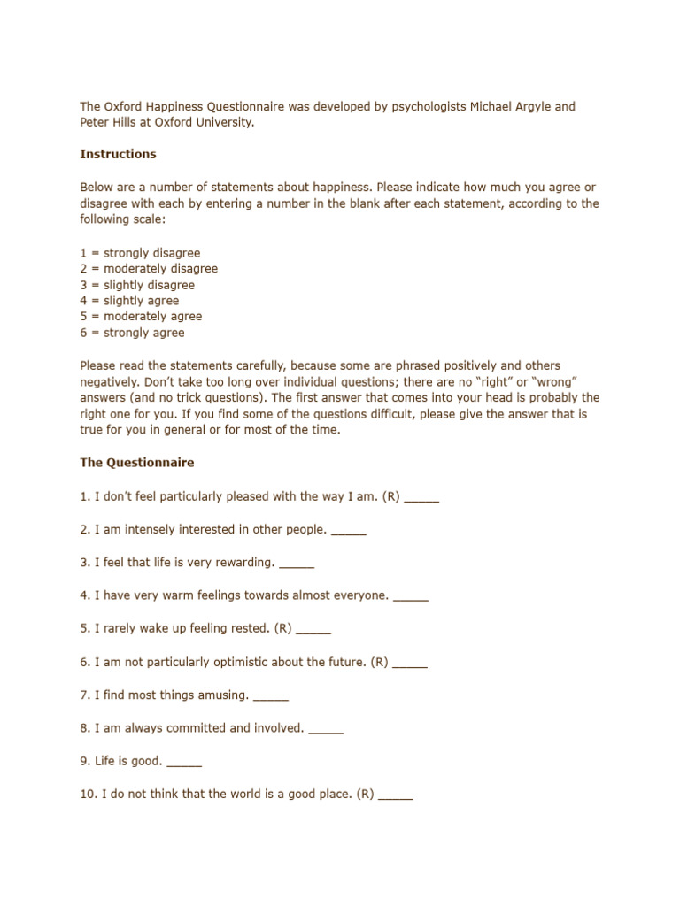 Oxford Happiness Questionnaire Guide | PDF | Happiness | Cognitive Science