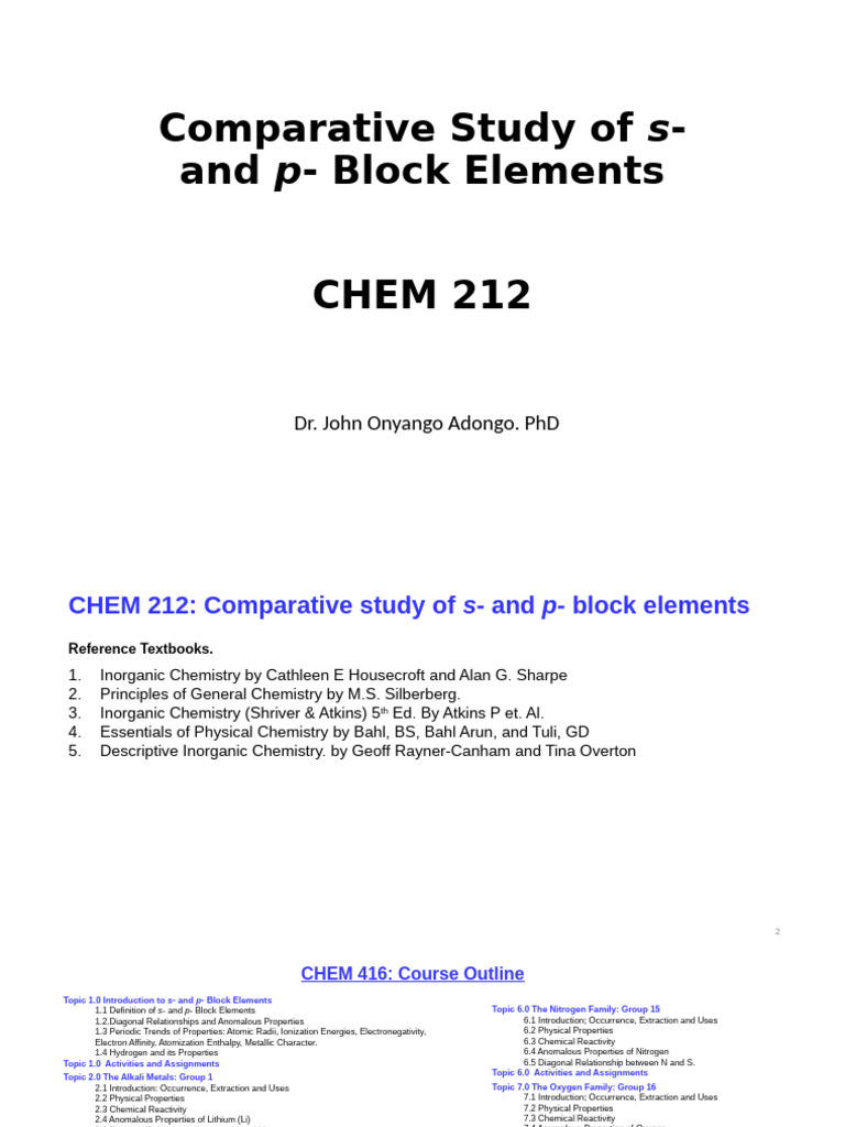 CHEM 212 - Comp. Study of S - and P - Block Elements - Dr. Adongo JO | PDF | Molecular Orbital ...