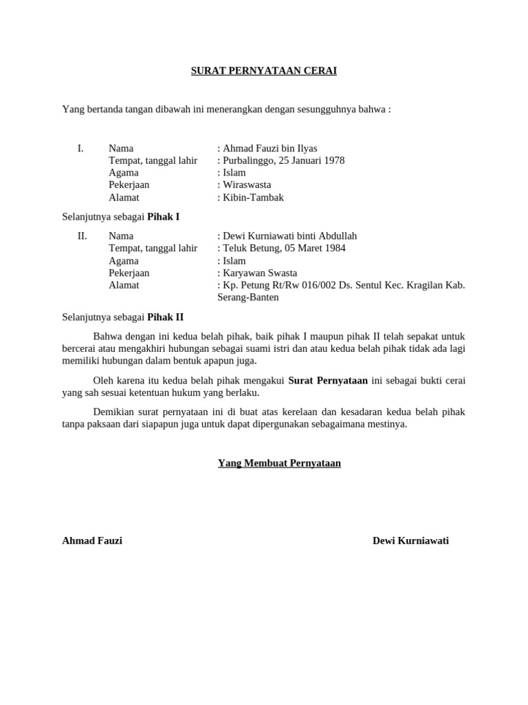 Surat Pernyataan Cerai | PDF