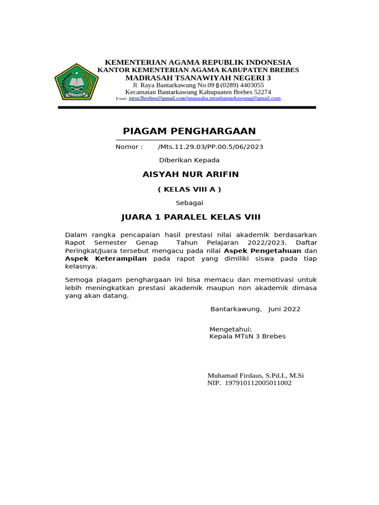 Piagam Penghargaan Siswa Berprestasi | PDF