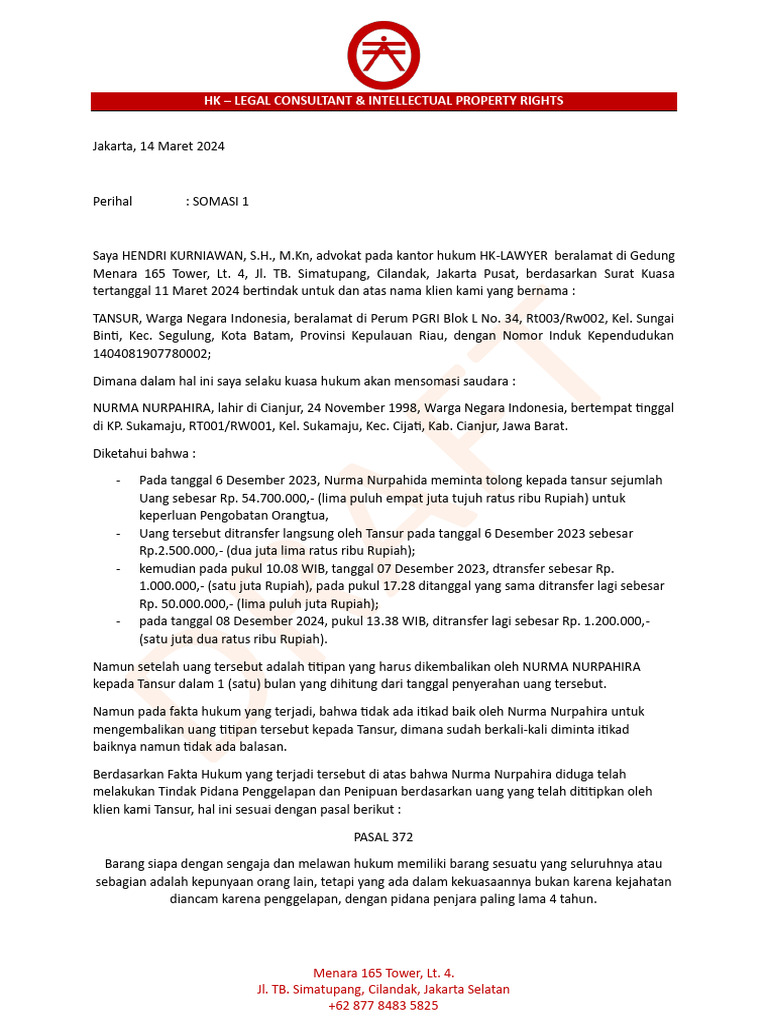 Draft Somasi 1 Nurma Nurpahira | PDF