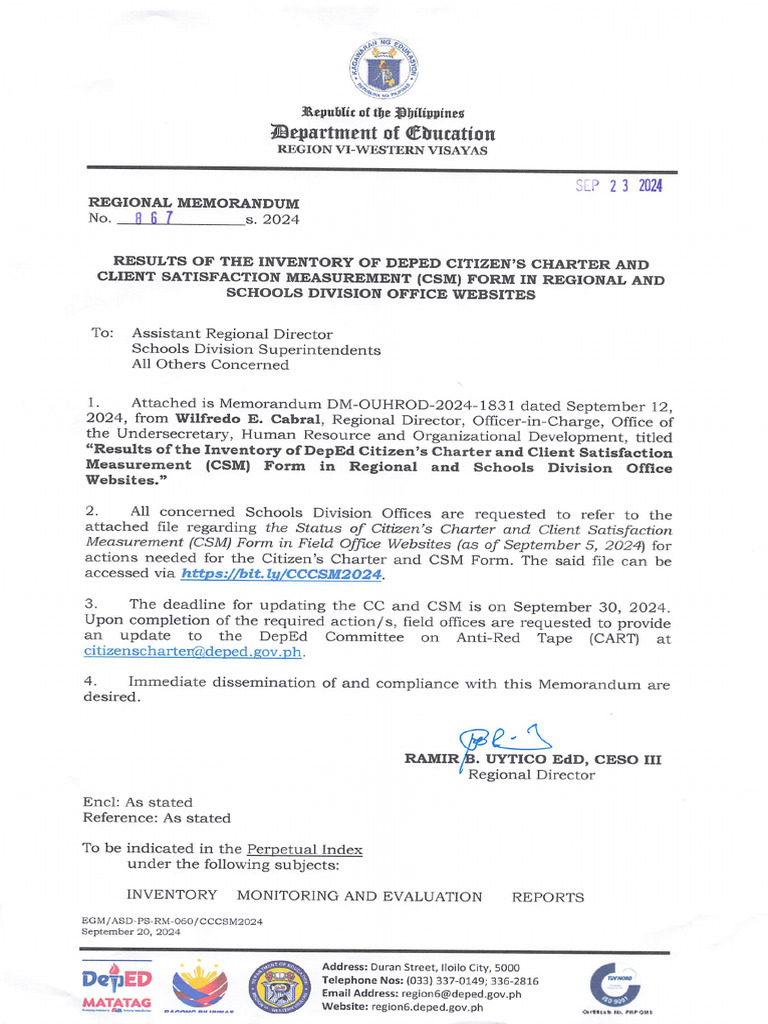 RM No. 867 S. 2024 - Results of The Inventory of Deped Citizen S ...