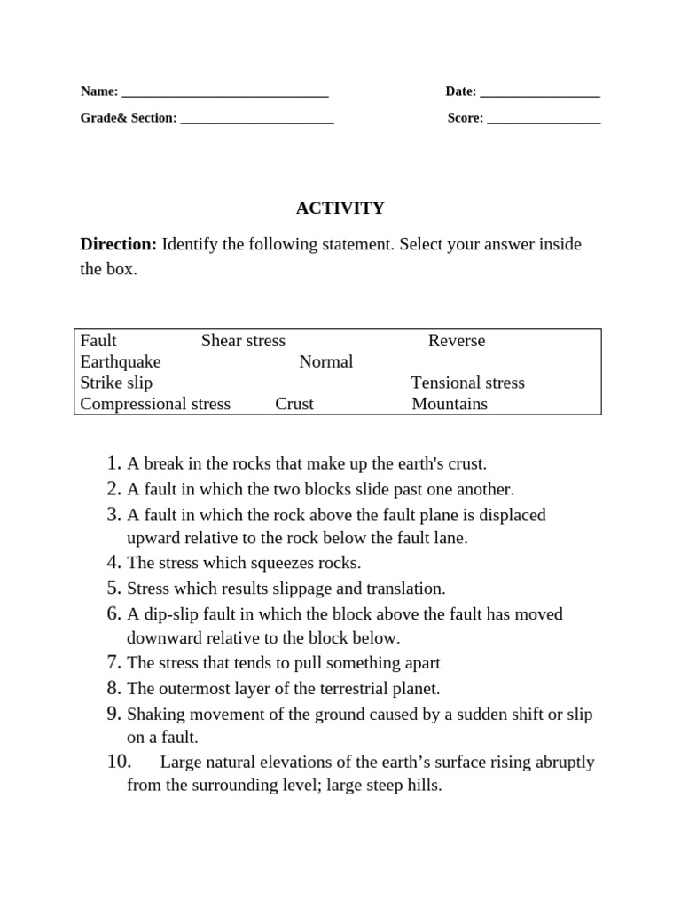 Activity Sheet-Earthquake and Faults | PDF | Fault (Geology) | Earthquakes