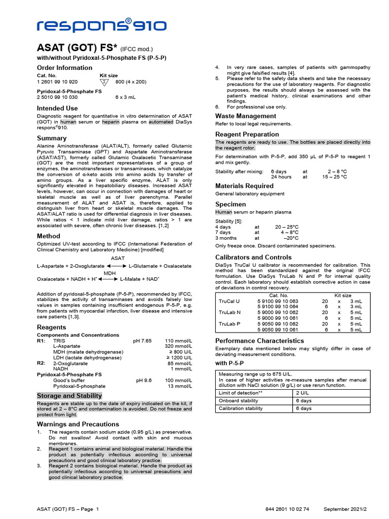 IFU_R910-e-AST-2 | PDF | Alanine Transaminase | Transaminase