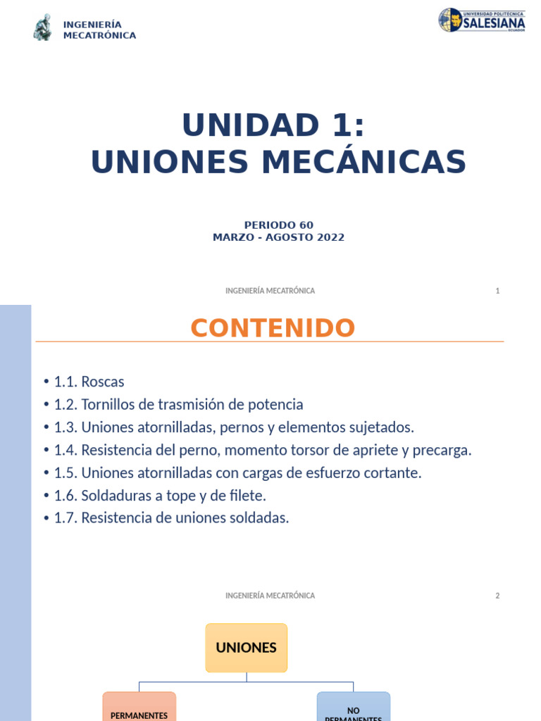 Uniones Mecánicas en Mecatrónica | PDF | Tornillo | Ingeniería mecánica