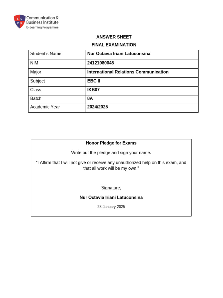 Answer Sheet Final Exam | PDF
