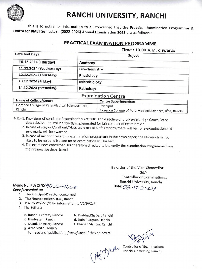 NoticePractical Examination Programme & Centre For BMLT Semester-I (2022-2026) Annual ...