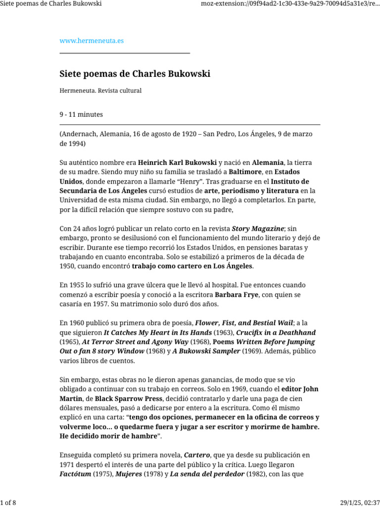 Siete Poemas de Charles Bukowski | PDF