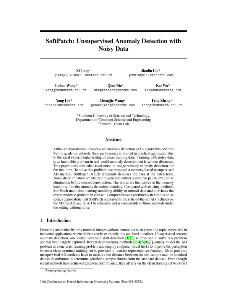 Jiang 等 - 2024 - SoftPatch Unsupervised Anomaly Detection With Noi | PDF | Outlier | Robust ...