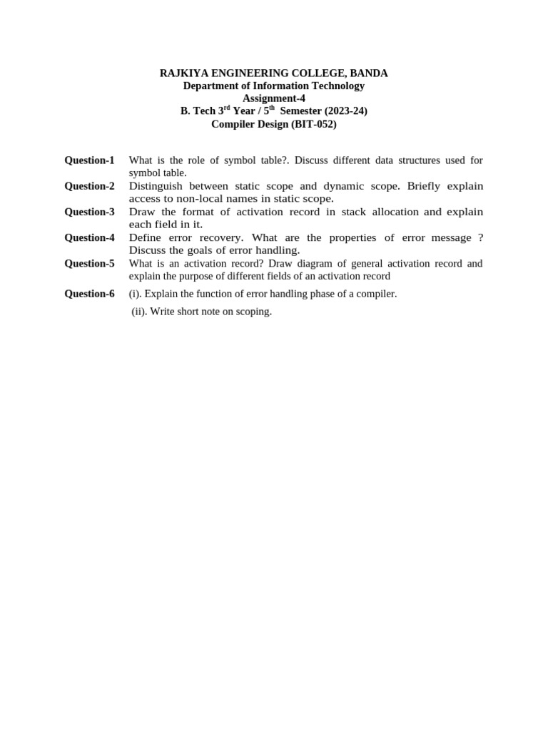 Compiler Design Assignment on Symbol Tables and Scoping | PDF