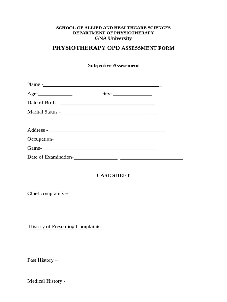 Physiotherapy OPD Assessment Form | PDF