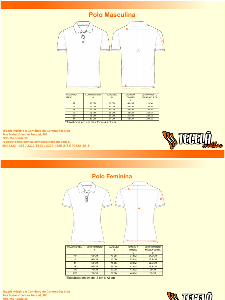 Tabela de Medidas: Polos Masculinas e Femininas | PDF | Duração | Metro