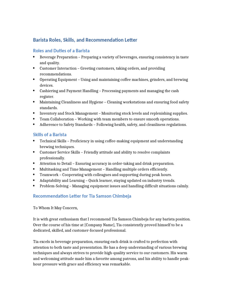 Barista Roles Skills Recommendation Tia Chimbeja | PDF