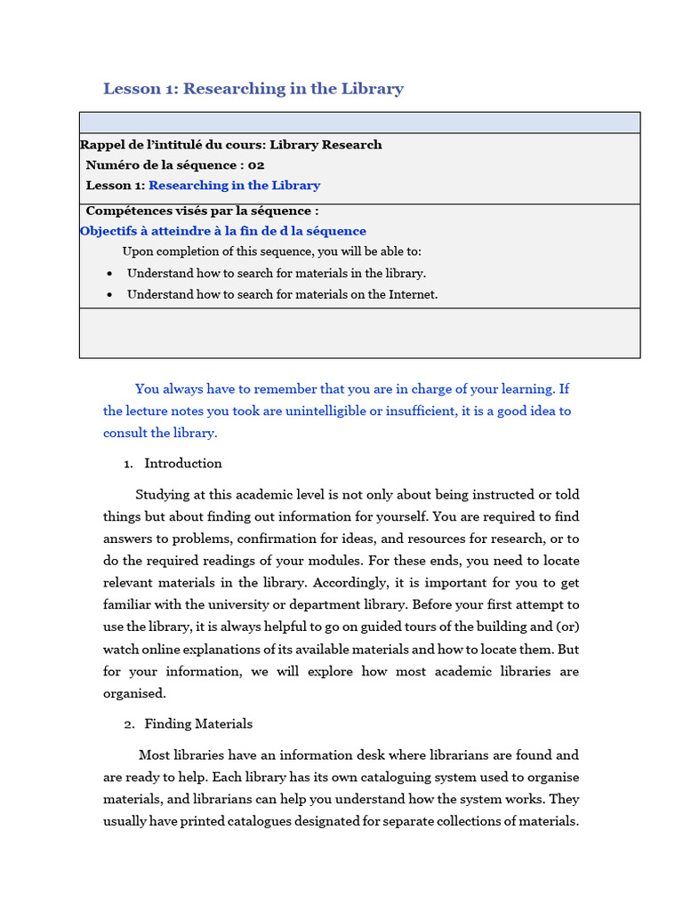 Lesson 1 Researching in The Library | PDF | Libraries | Books
