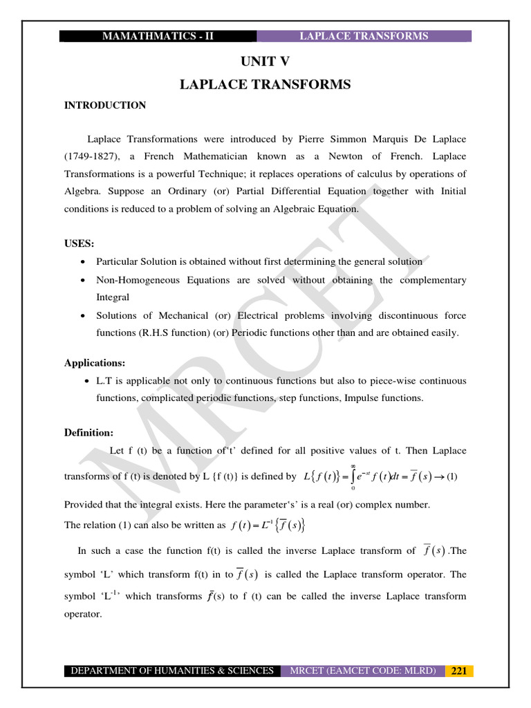 Laplace Transform | PDF | Function (Mathematics) | Equations