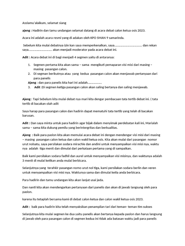 Teks Moderator Debat Calon Ketua Osis | PDF