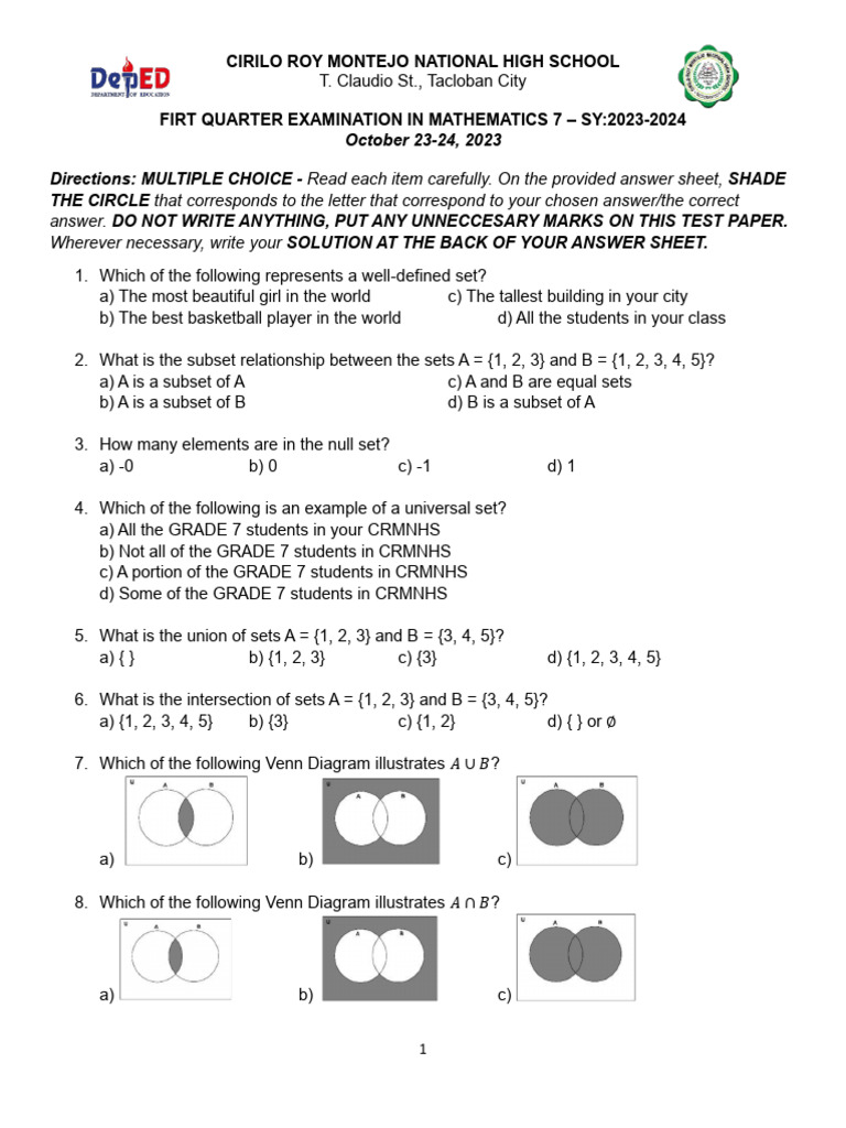 Q1 Exam On MATH 7 SY 2023 2024 | PDF | Mathematics | Mathematical Concepts