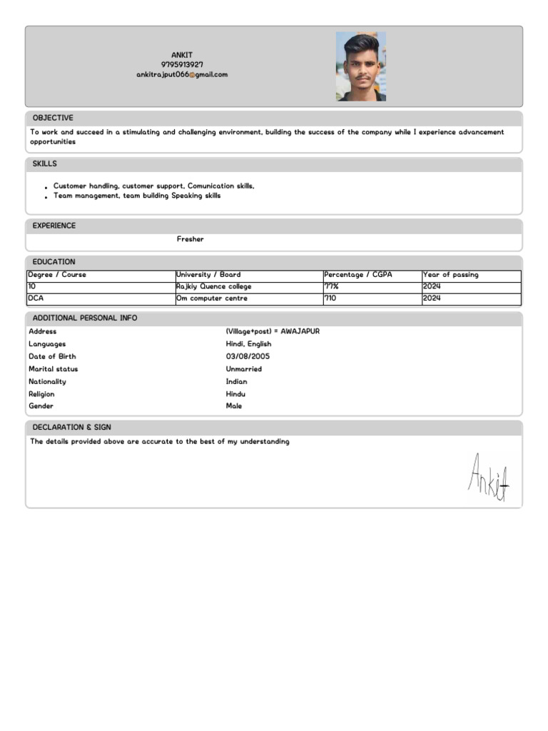 Fresh Graduate Resume for Customer Support | PDF