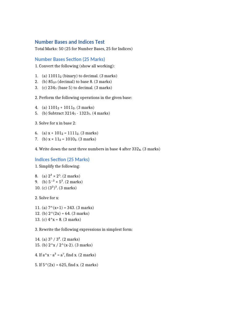 Number Bases and Indices Test | PDF